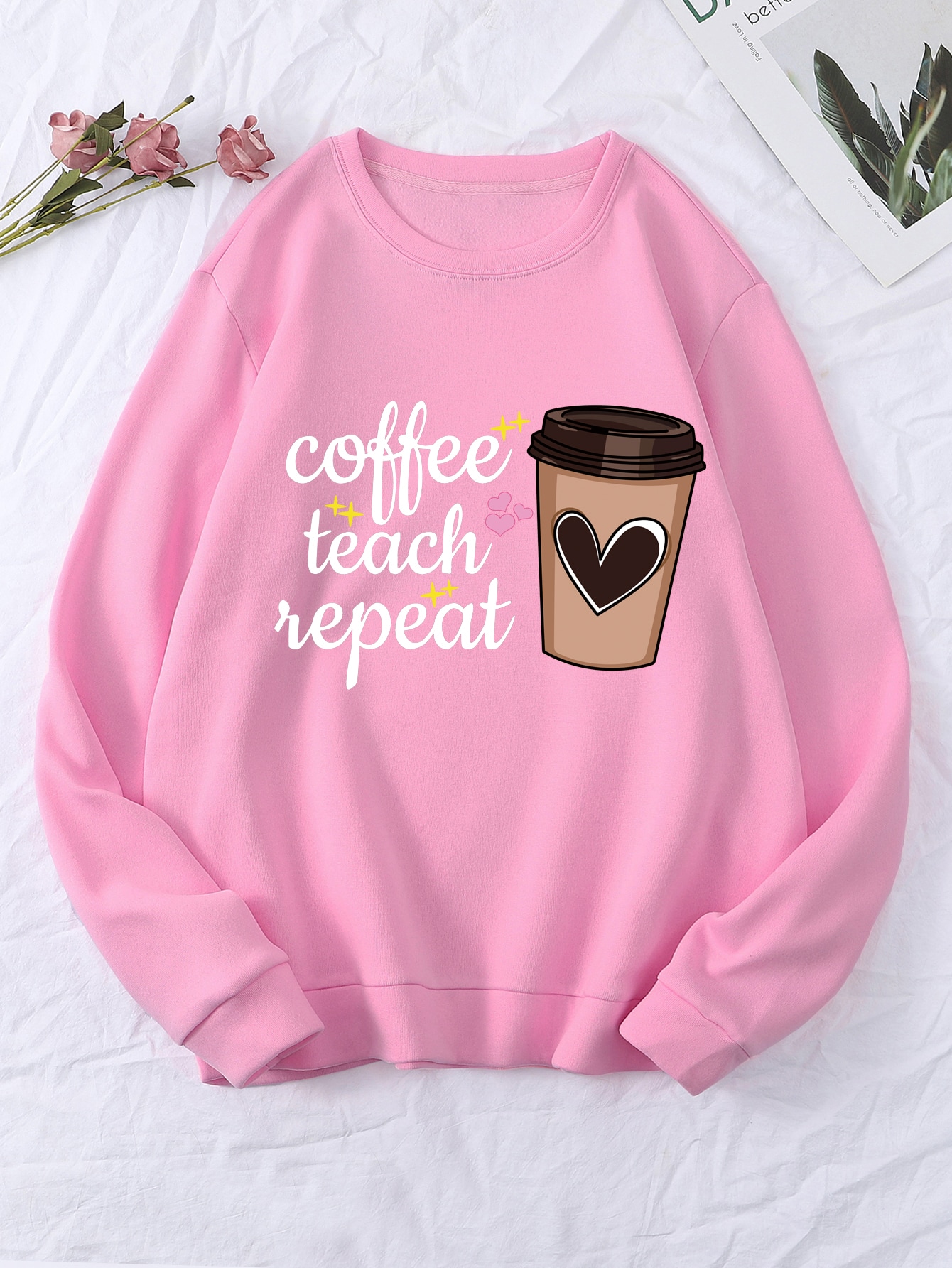 Pullover con estampado de slogan y dibujos animados con forro térmico