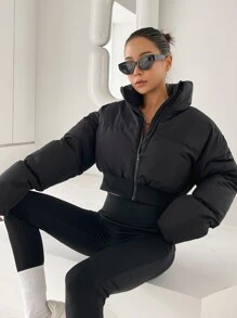 DAZY Drop Shoulder Zipper Puffer Thick Pockets Coat ,Winter Women ...