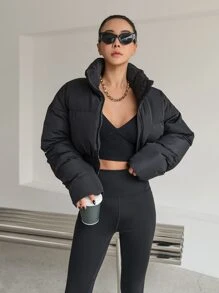 DAZY Drop Shoulder Zipper Puffer Thick Pockets Coat ,Winter Women ...