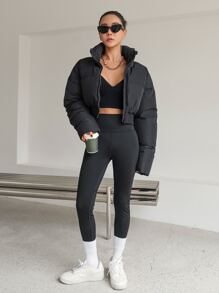 DAZY Drop Shoulder Zipper Puffer Thick Pockets Coat ,Winter Women ...