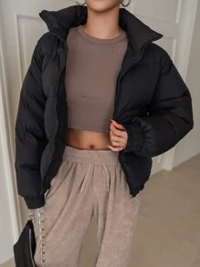 DAZY Drop Shoulder Drawstring Hem Zipper Puffer Thick Coat ,Winter ...