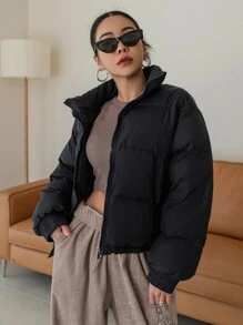 DAZY Drop Shoulder Drawstring Hem Zipper Puffer Thick Coat ,Winter ...