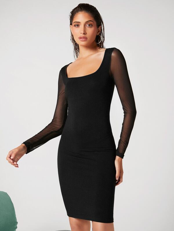 SHEIN BIZwear Scoop Neck Contrast Mesh Bodycon Dress | SHEIN USA