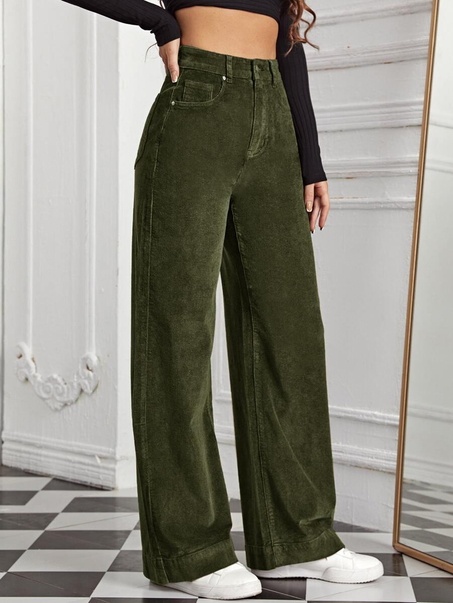 SHEIN EZwear High Waist Slant Pocket Cord Pants | SHEIN USA