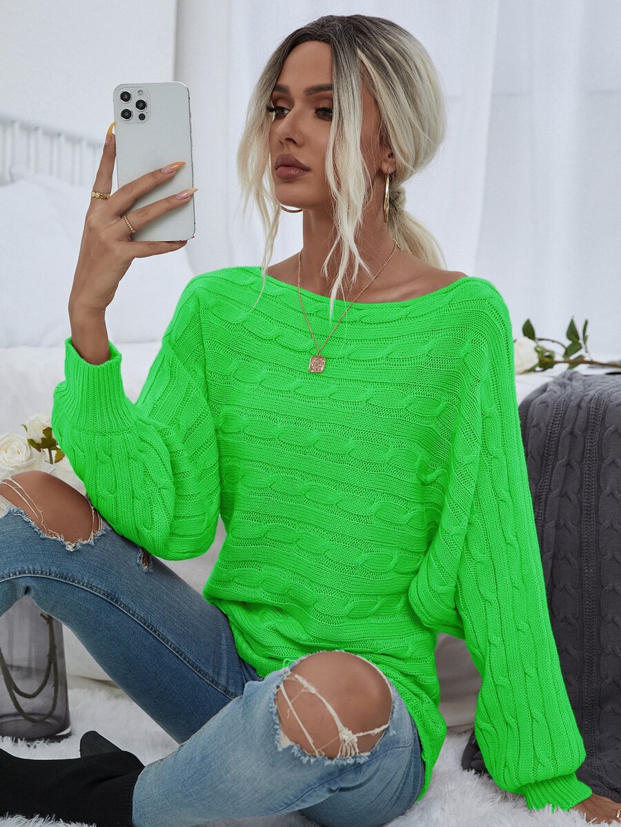 SHEIN LUNE Boat Neck Cable Knit Sweater | SHEIN USA