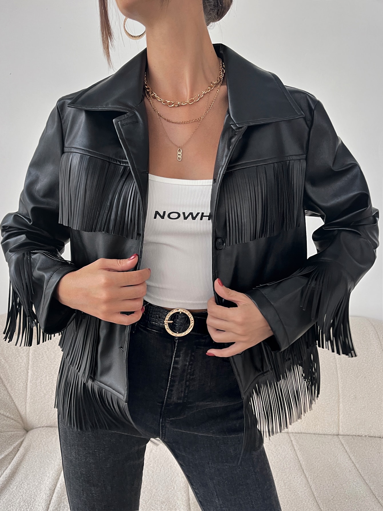 Fringe Trim Button Front PU Jacket