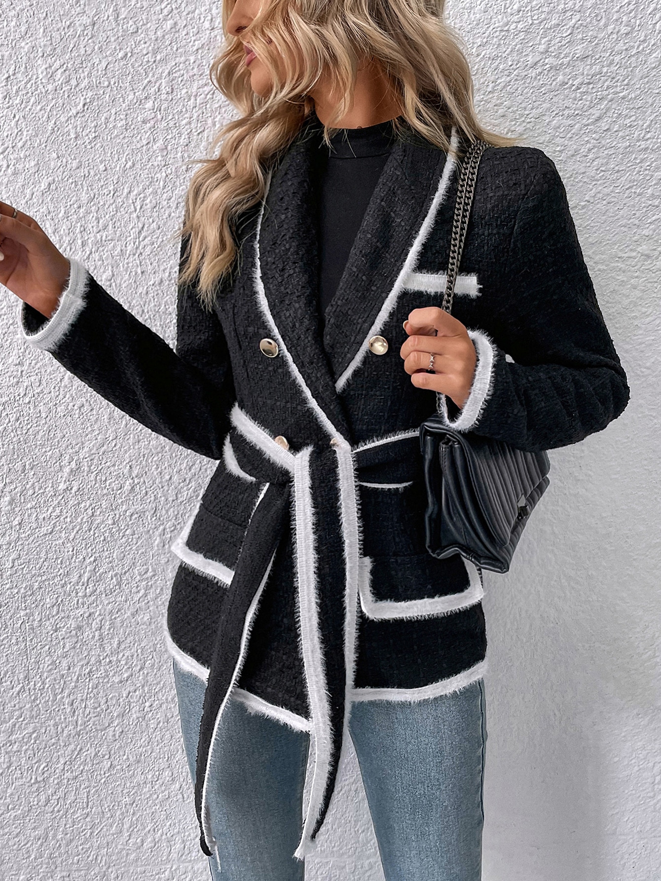 Contrast Trim Shawl Collar Belted Overcoat | SHEIN USA