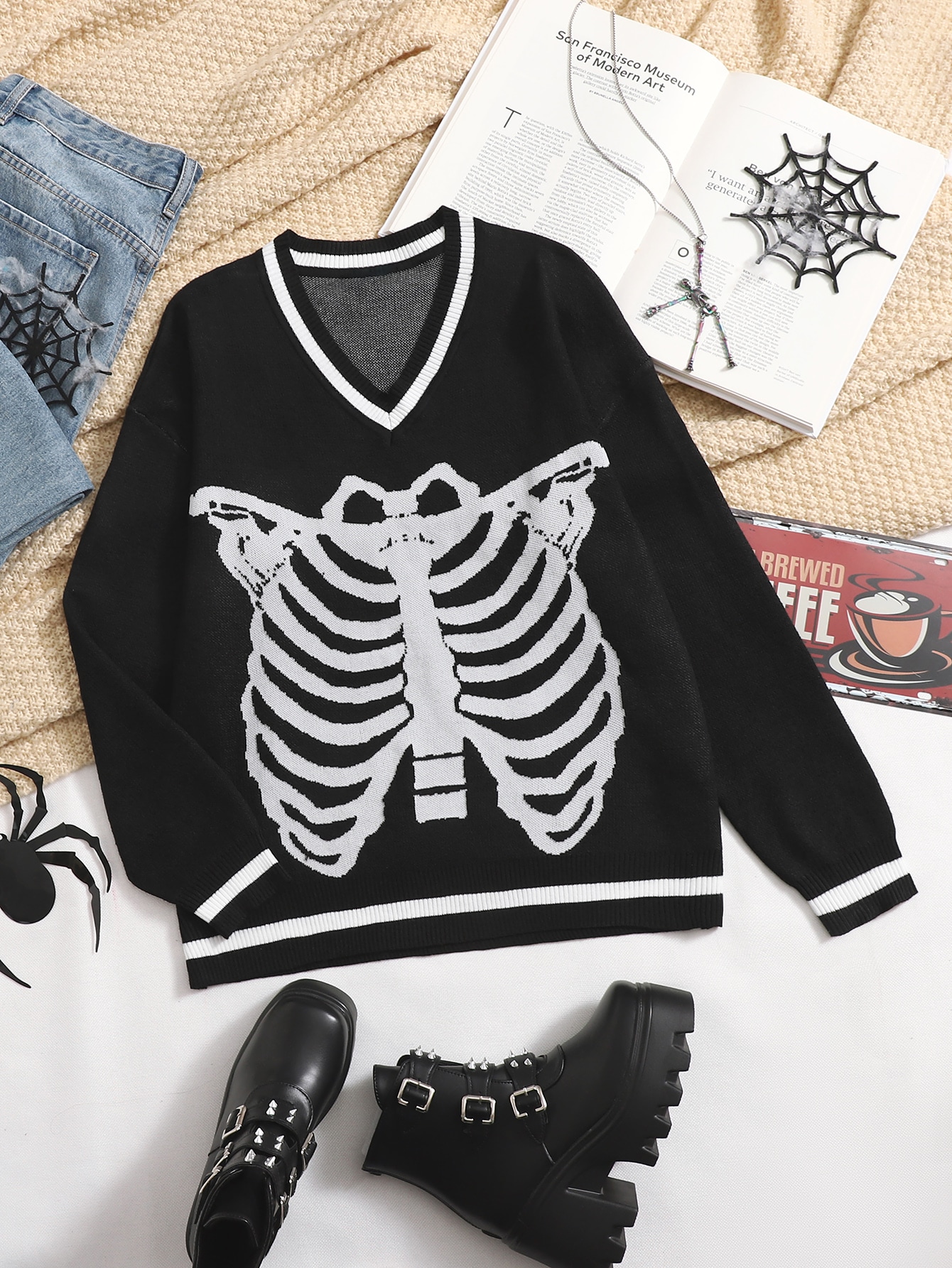 SHEIN Grunge Skeleton Pattern Striped Trim Drop Shoulder Jumper