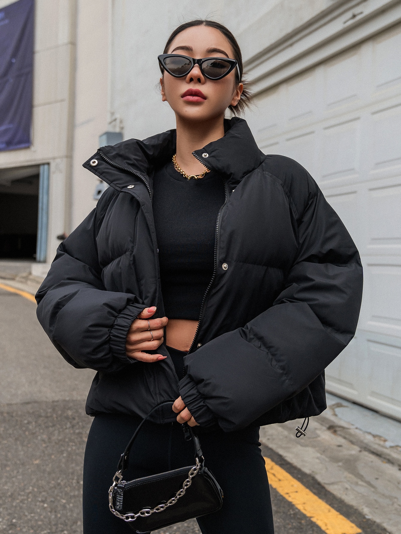 DAZY Raglan Sleeve Drawstring Hem Puffer Coat