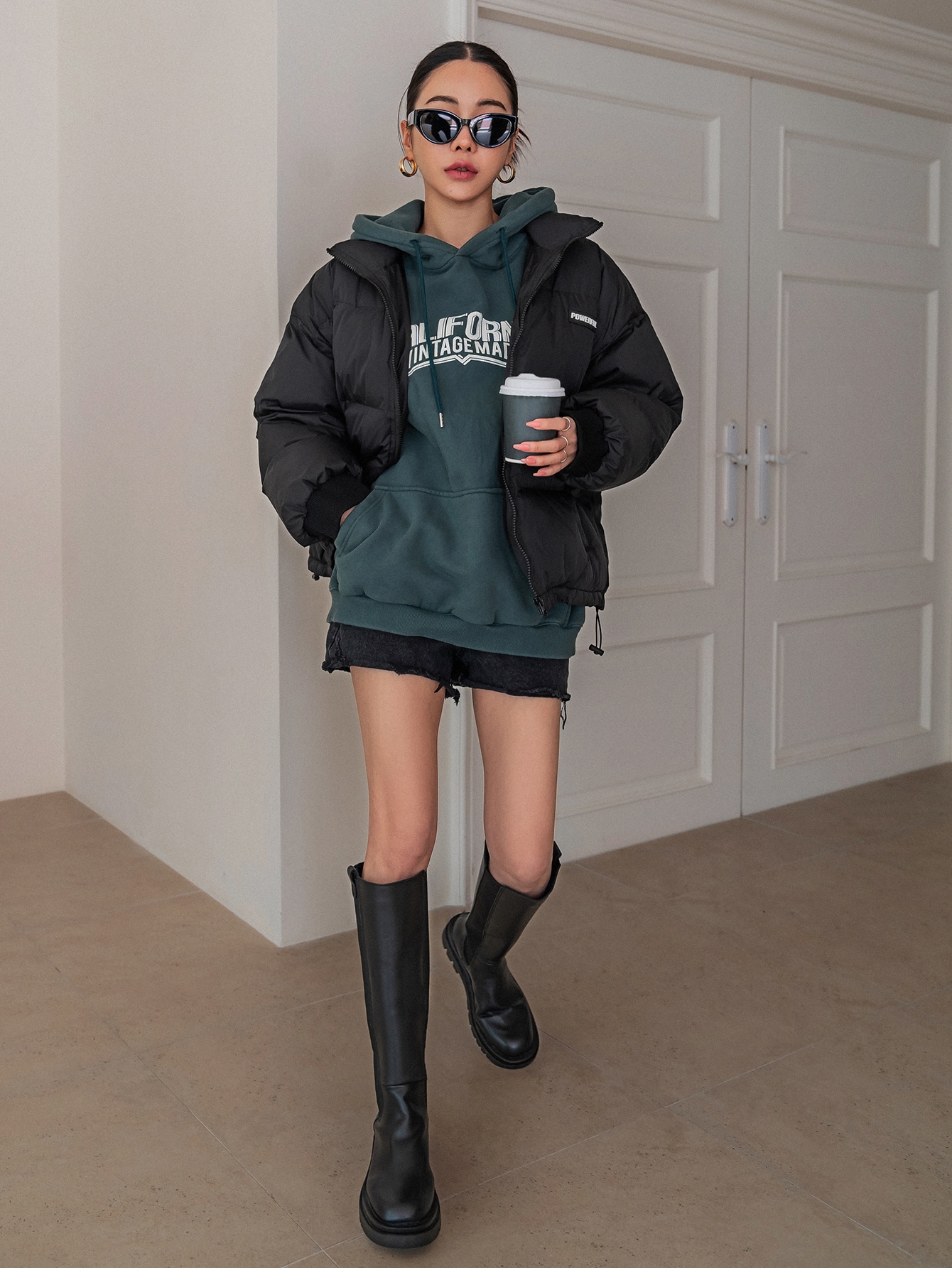 DAZY Kpop Letter Patched Drop Shoulder Drawstring Hem Puffer Thick ...