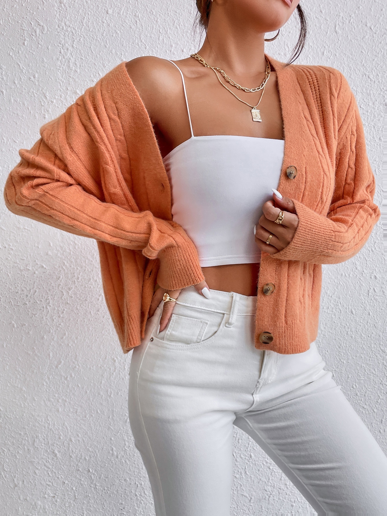 SHEIN Essnce Button Up Cable Knit Cardigan | SHEIN USA