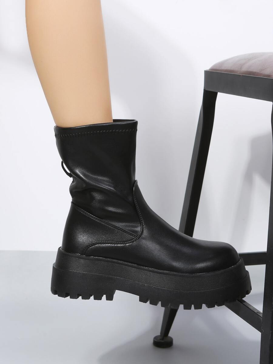 Women Black Minimalist Zip Side Boots, Round Toe Platform Mid Heel ...