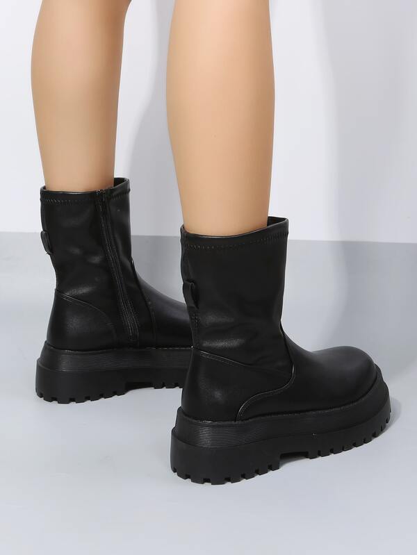 Women Black Minimalist Zip Side Boots, Round Toe Platform Mid Heel ...