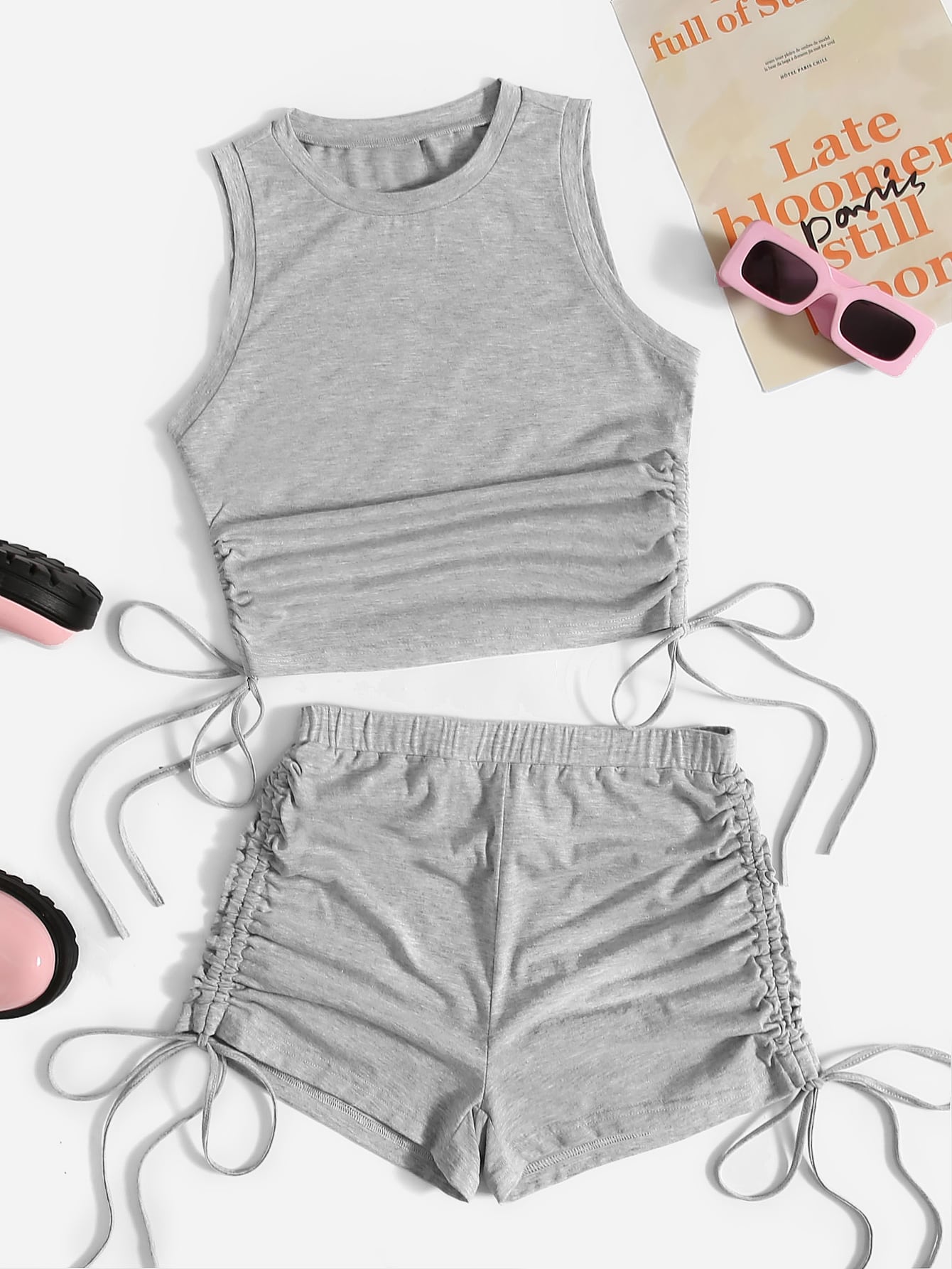 Shein Ezwear Drawstring Ruched Side Crop Tank Top And Shorts Set Shein Usa