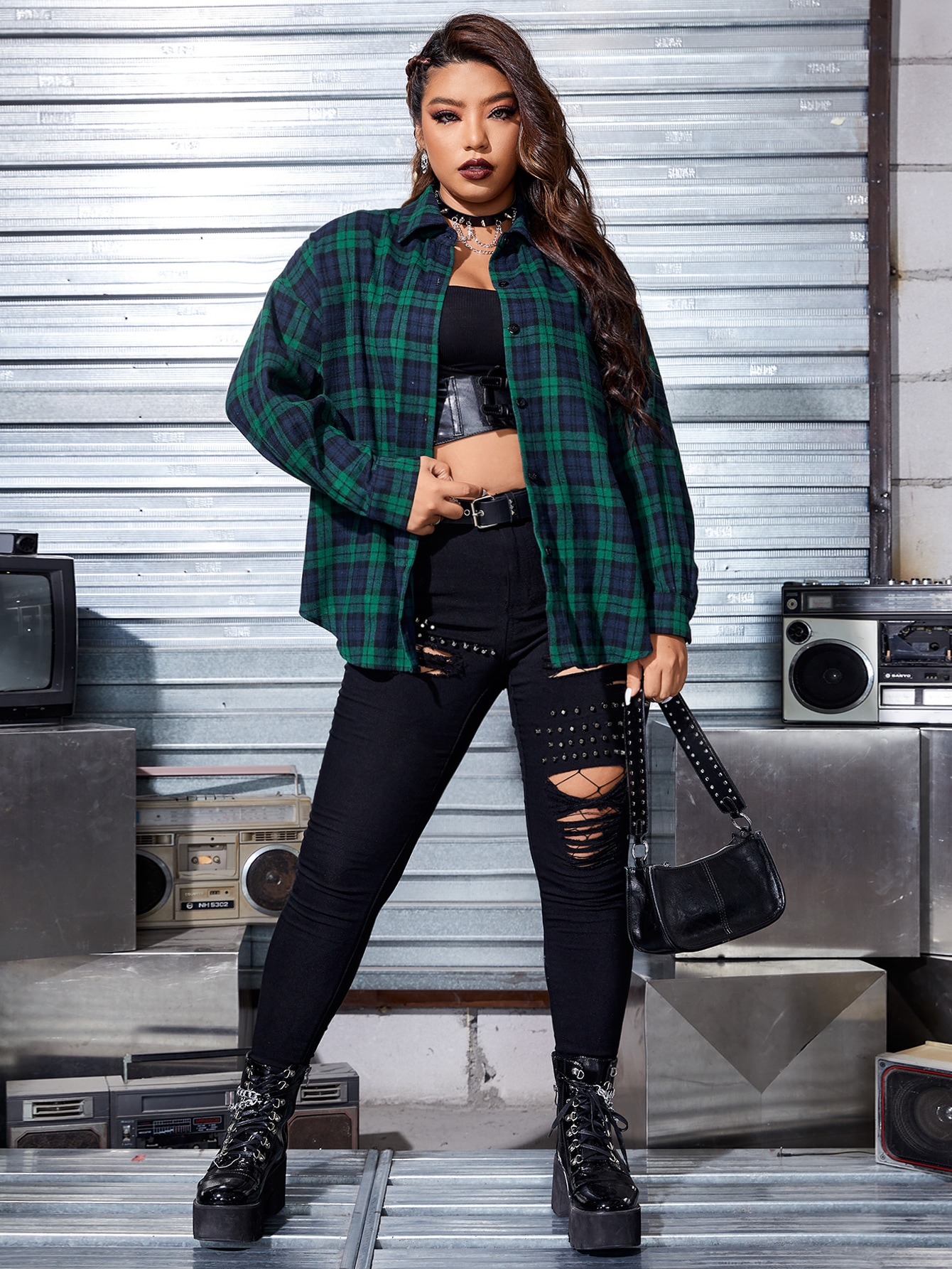 ROMWE PUNK Plus Tartan & Skull Print Drop Shoulder Coat | SHEIN USA