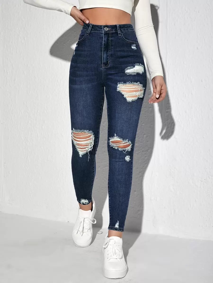 SHEIN Essnce Ripped Detail Skinny Jeans Y2k | SHEIN USA
