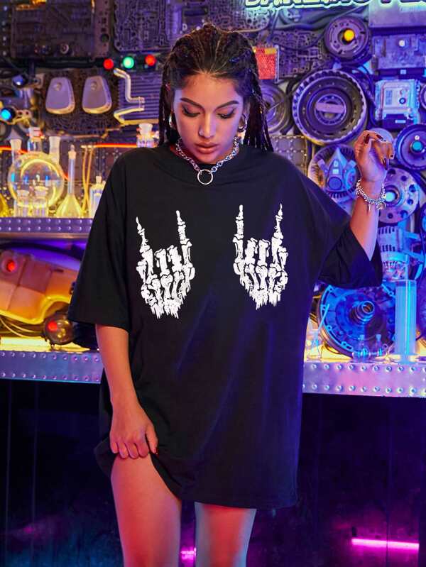 Shein Coolane Skeleton Hand Print Oversized Tee Shein Usa