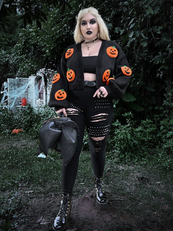 PUNK Plus Halloween Pumpkin Embroidery Drop Shoulder Duster Cardigan ...