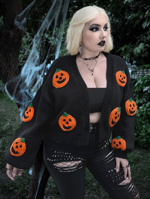 PUNK Plus Halloween Pumpkin Embroidery Drop Shoulder Duster Cardigan ...