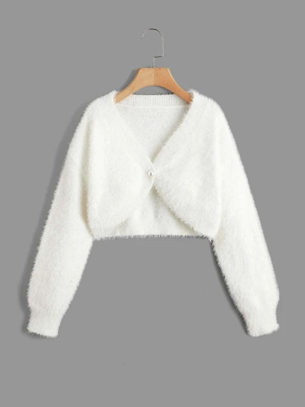 SHEIN Kids EVRYDAY Tween Girl Drop Shoulder Fluffy Knit Cardigan ...