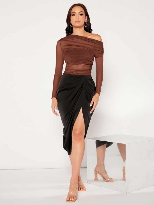 SHEIN Privé Asymmetrical Neck Ruched Mesh Top | SHEIN USA