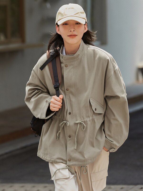 DAZY Flap Pocket Drop Shoulder Drawstring Waist Coat | SHEIN USA