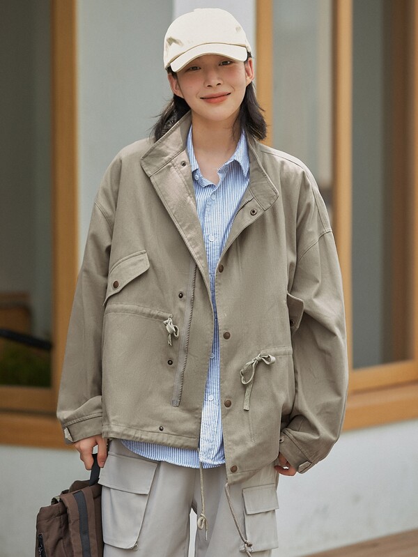 DAZY Flap Pocket Drop Shoulder Drawstring Waist Coat | SHEIN USA