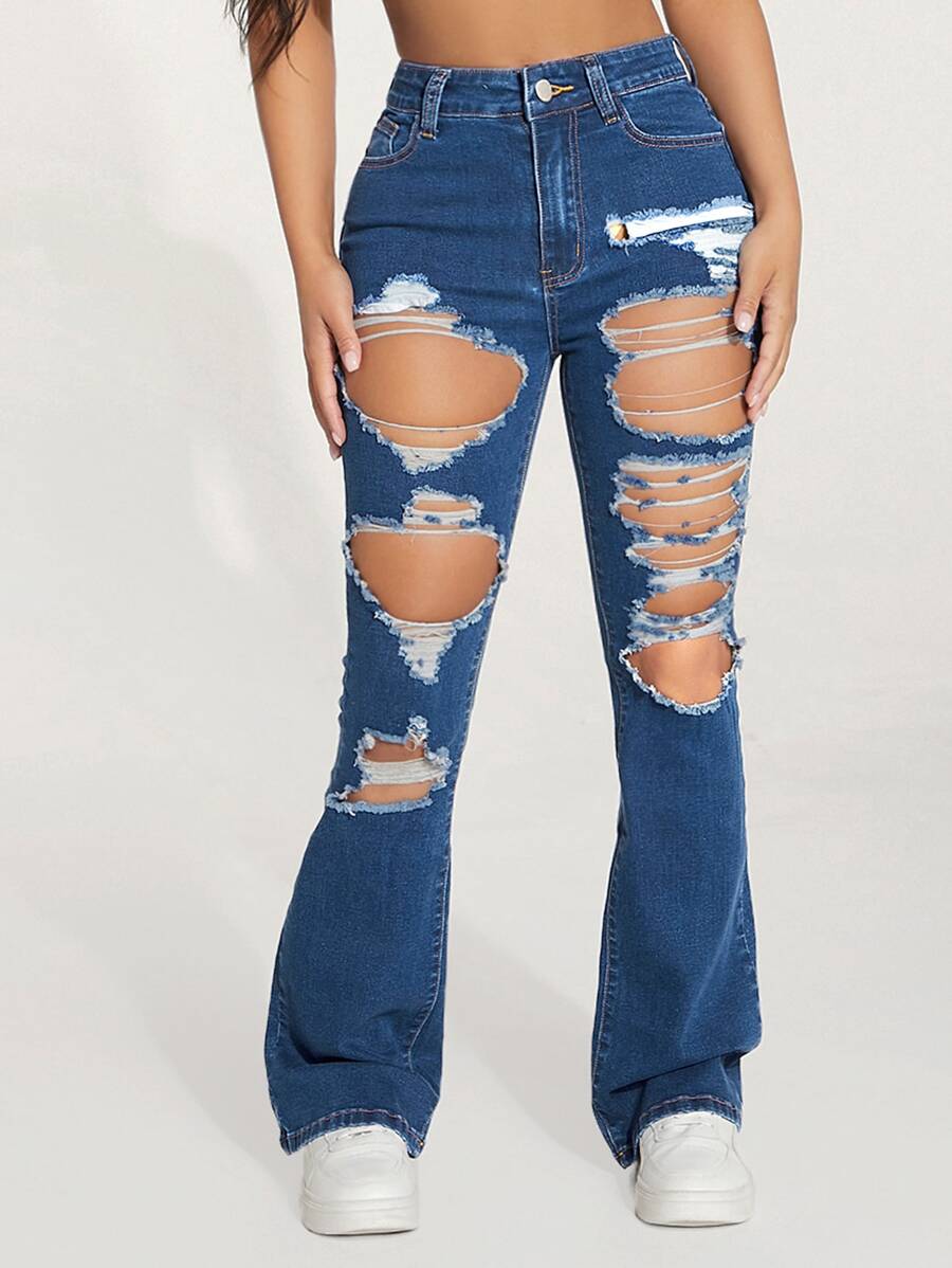 SHEIN PETITE High Waist Ripped Flare Leg Jeans | SHEIN USA