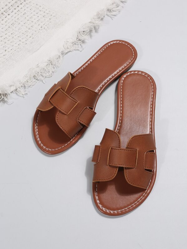 Elegant Brown Slide Sandals For Women, Stitch Detail Cut Out Design ...