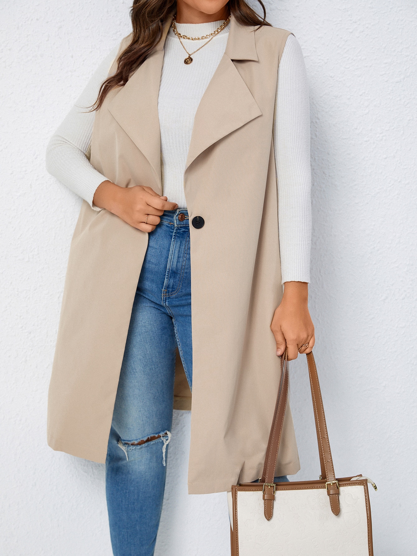 Plus Lapel Neck Single Button Vest Coat