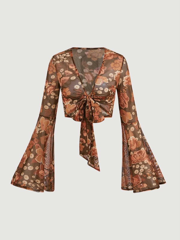 SHEIN MOD Top corto con estampado floral manga de campana con nudo ...