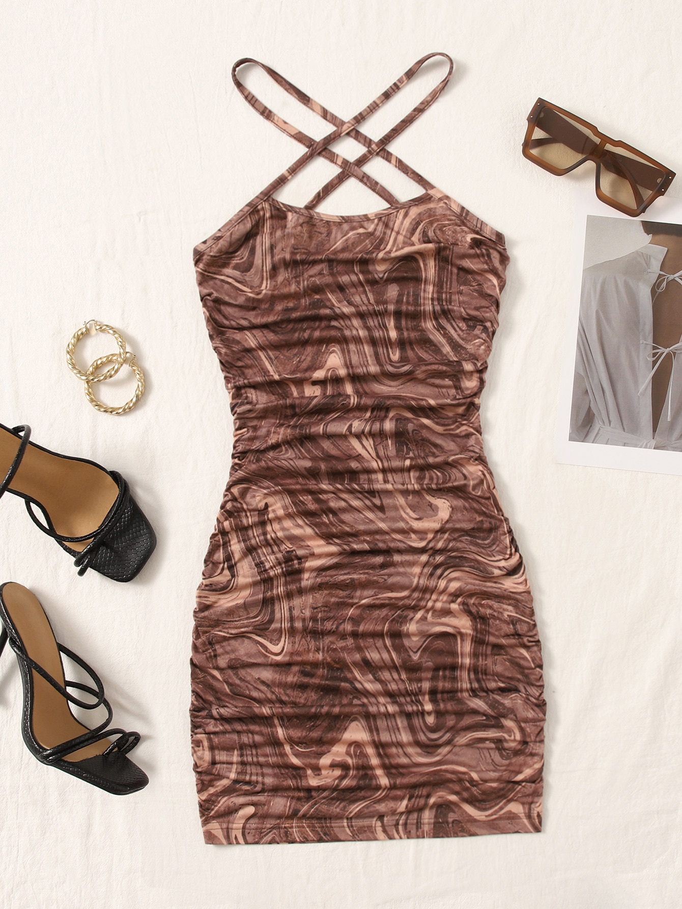Shein Bae Marble Print Crisscross Tie Backless Ruched Bodycon Dress