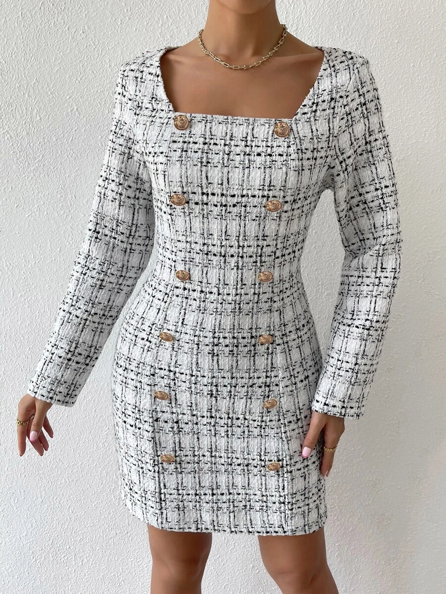 SHEIN Unity Plaid Square Neck Tweed Fitted Dress | SHEIN USA