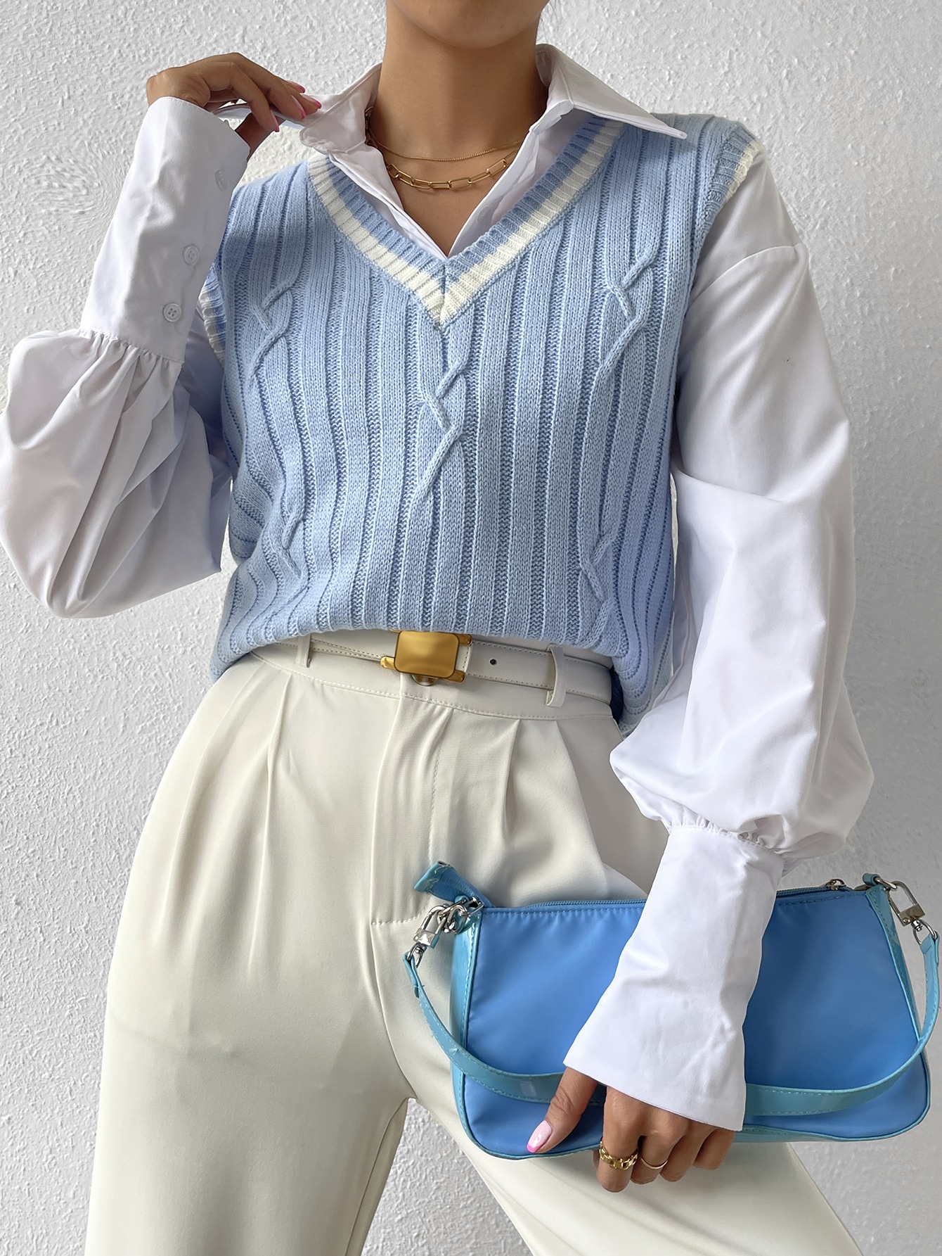 SHEIN Essnce Chaleco de punto ribete en contraste tejido de cable sin ...