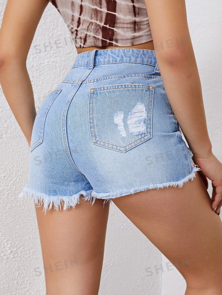 SHEIN High Waist Ripped Raw Trim Denim Shorts | SHEIN UK
