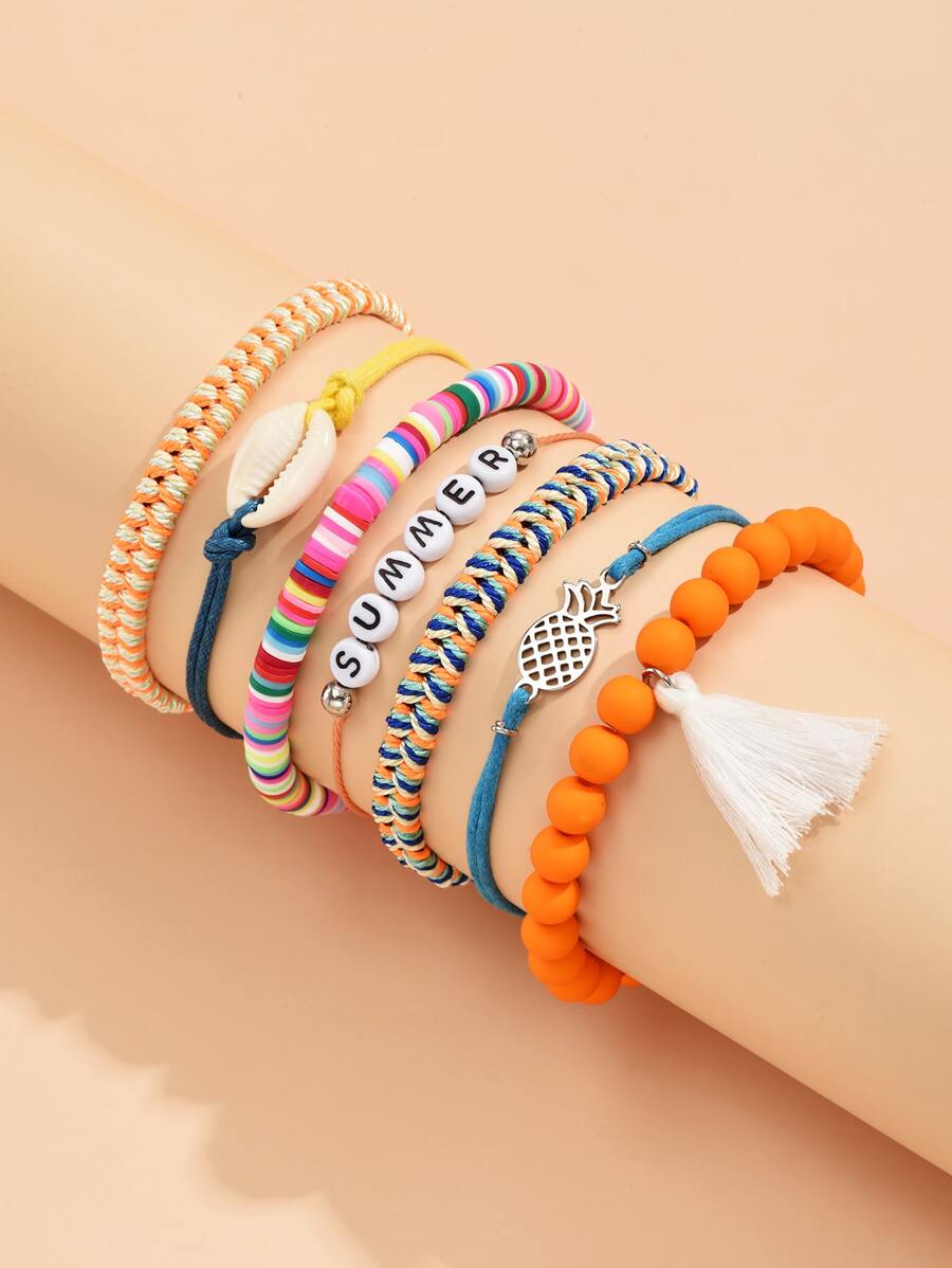 7Pcs Letter Detail Bead Decor Bracelet Boho Matching Bracelets | SHEIN USA