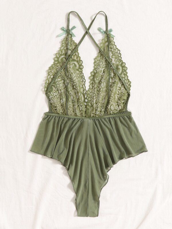 Classic Sexy Contrast Lace Sheer Mesh Backless Cross Teddy Bodysuit | SHEIN USA