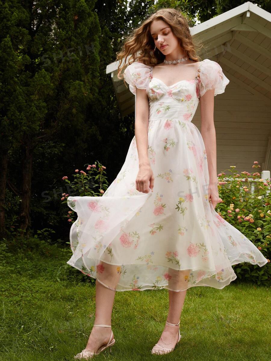 SHEIN MOD Floral Print Puff Sleeve Dress Tea Party Attire | SHEIN USA