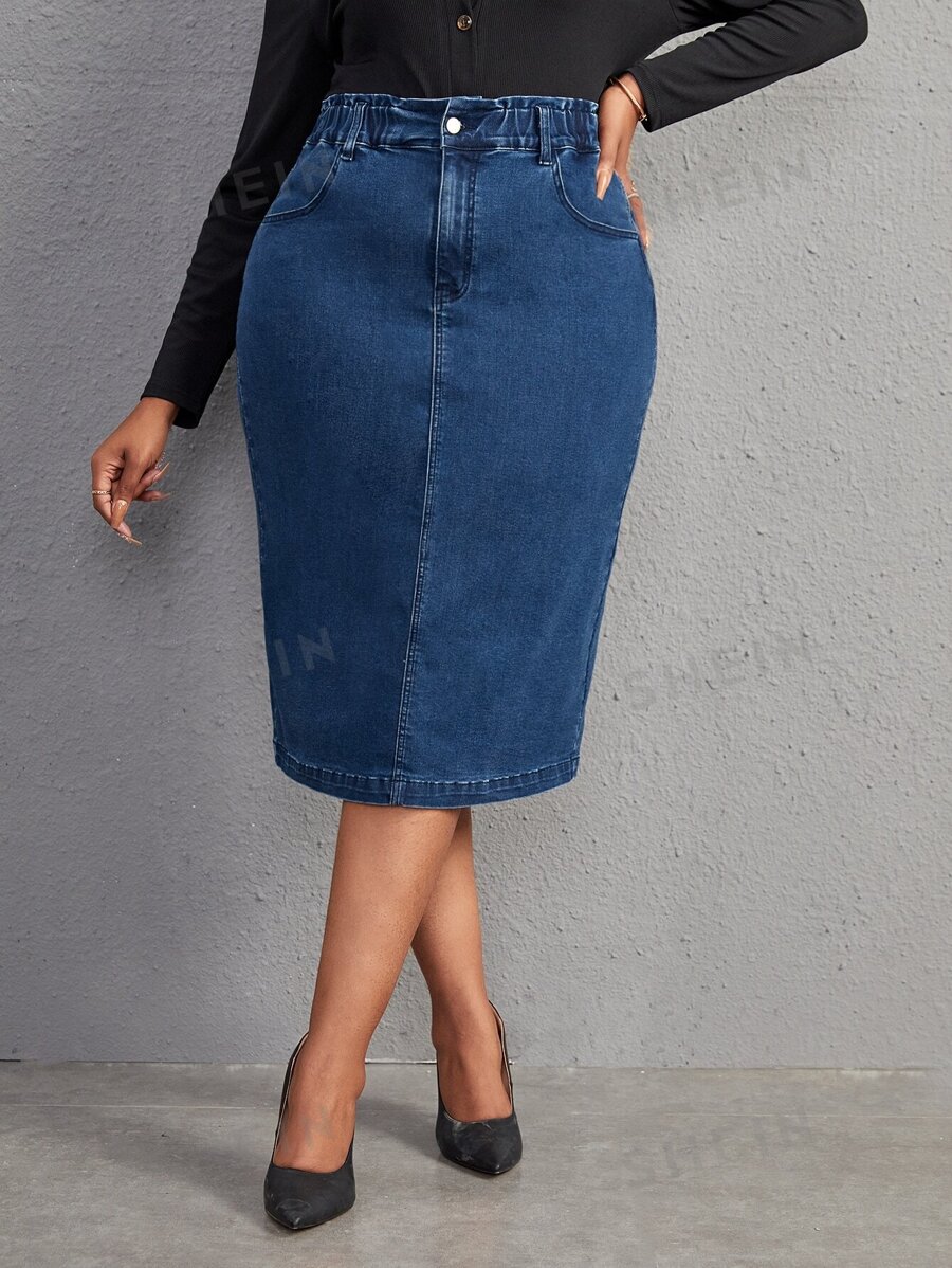SHEIN SXY Plus High Waist Split Back Denim Skirt | SHEIN USA