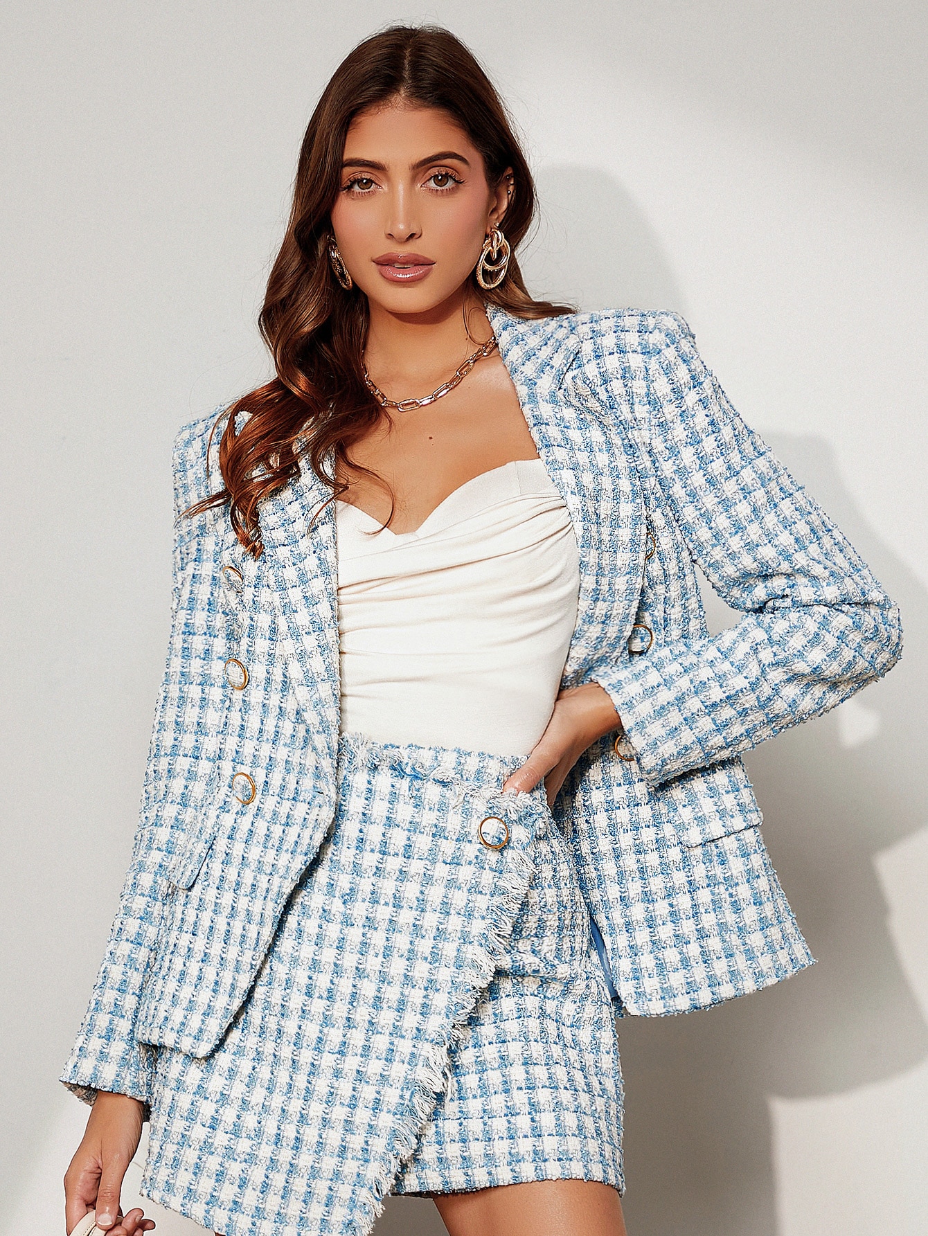 SHEIN BIZwear Plaid Double Breasted Tweed Blazer | SHEIN USA