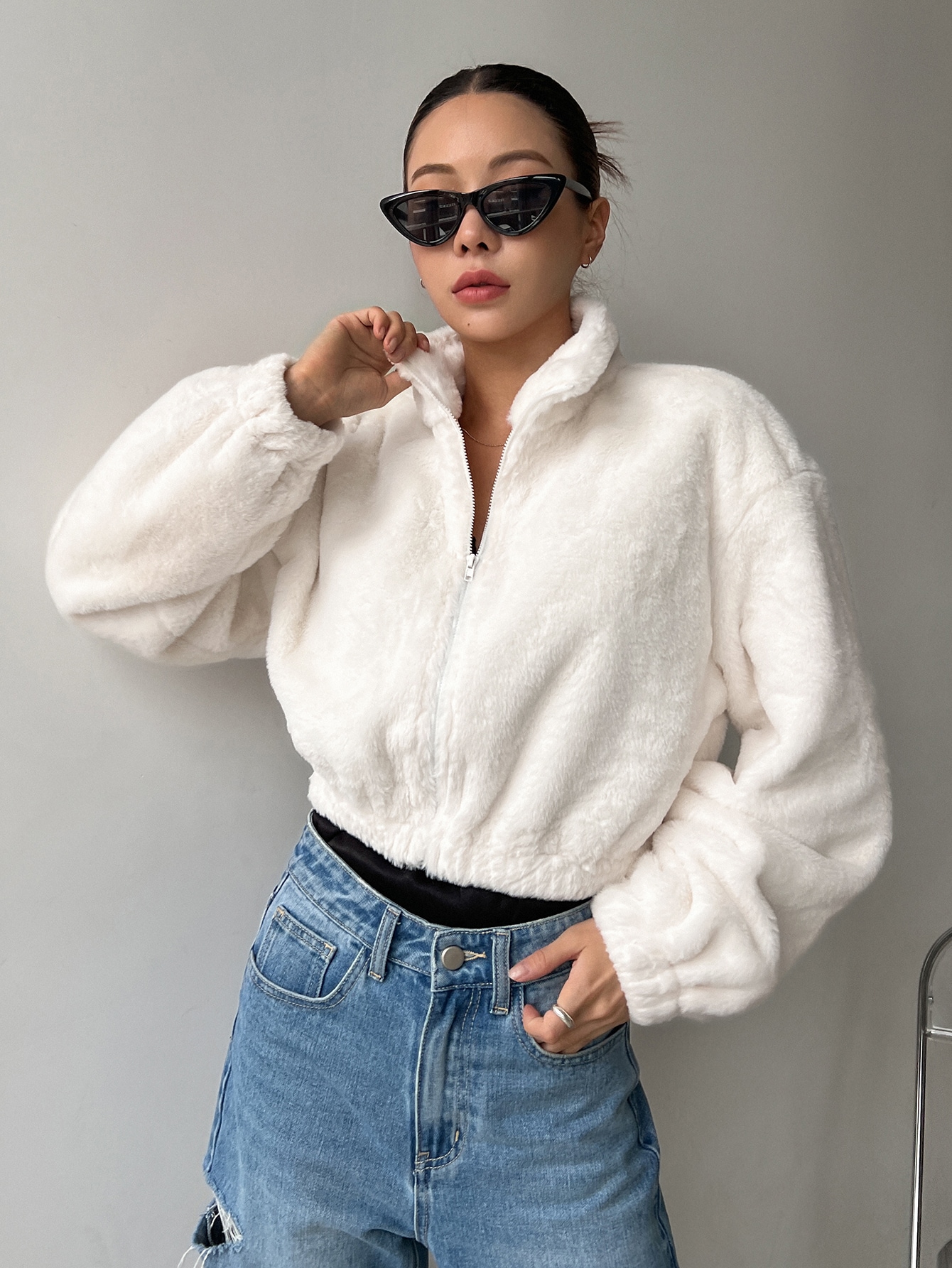 DAZY Drop Shoulder Zip Up Crop Teddy Jacket | SHEIN USA