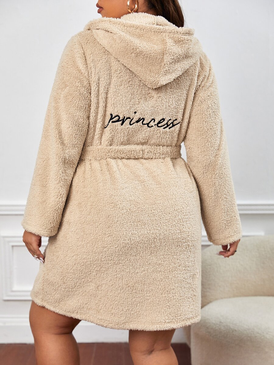 Plus Letter Embroidery Hooded Belted Robe | SHEIN USA