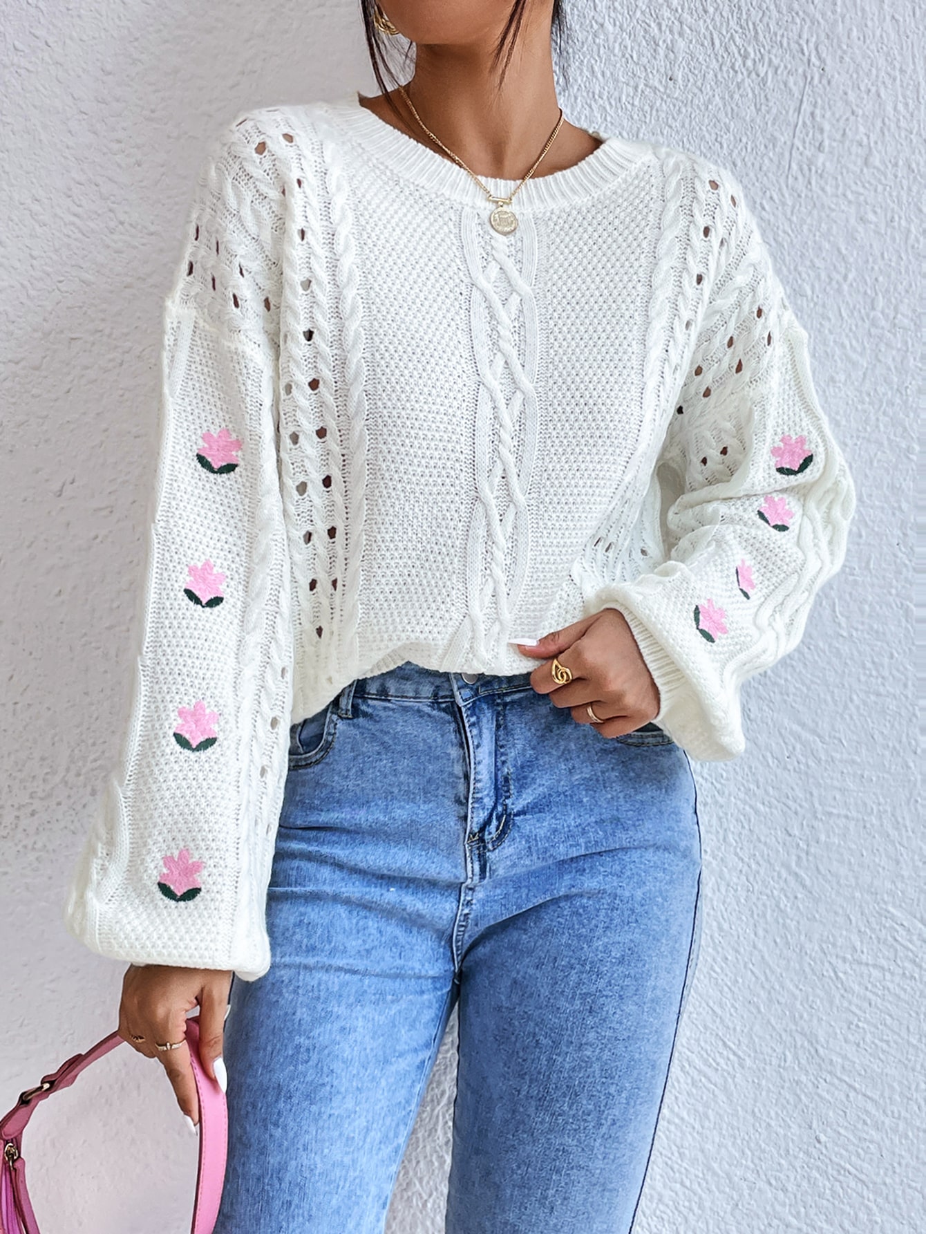SHEIN Floral Embroidery Eyelet Detail Cable Knit Drop Shoulder Jumper