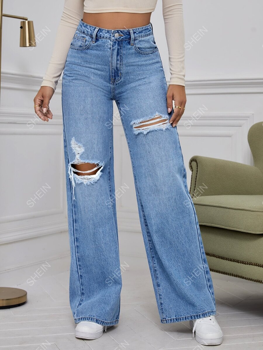 SHEIN EZwear Women's Summer Y2k High Waist Ripped Wide Leg Jeans | SHEIN UK