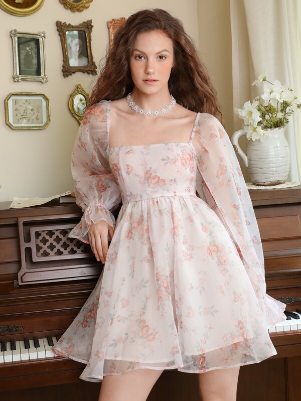 SHEIN MOD Floral Print Flounce Sleeve Square Neck Dress | SHEIN