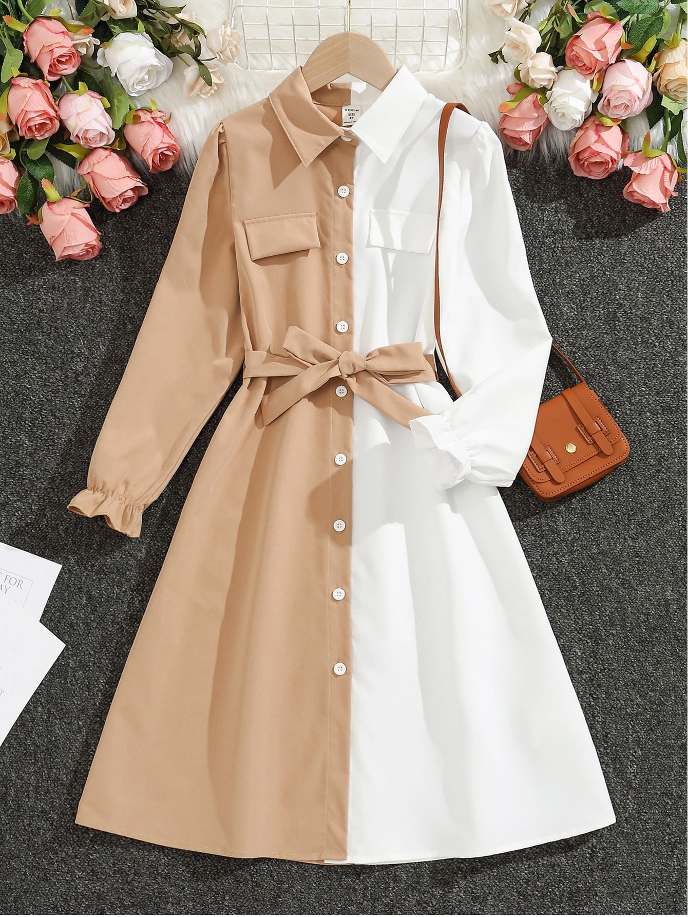 Tween Girl Two Tone Flounce Sleeve Belted Shirt Dress | SHEIN USA