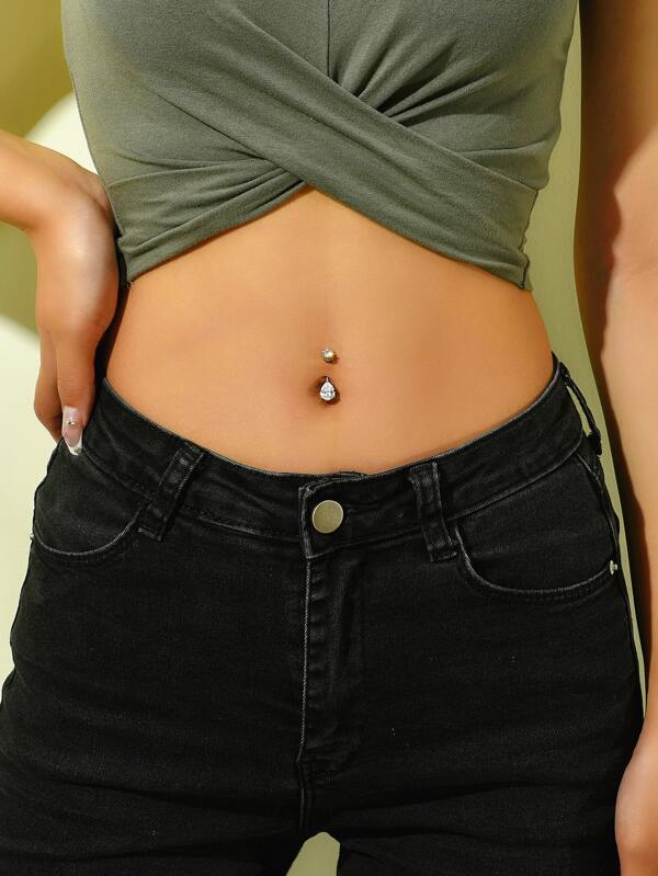 1pc Cubic Zirconia Water-Drop Decor Navel Belly Ring Unisex Fashion ...