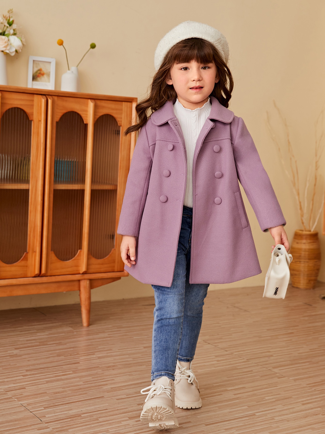 SHEIN Young Girl Double Breasted Slant Pockets Overcoat | SHEIN UK