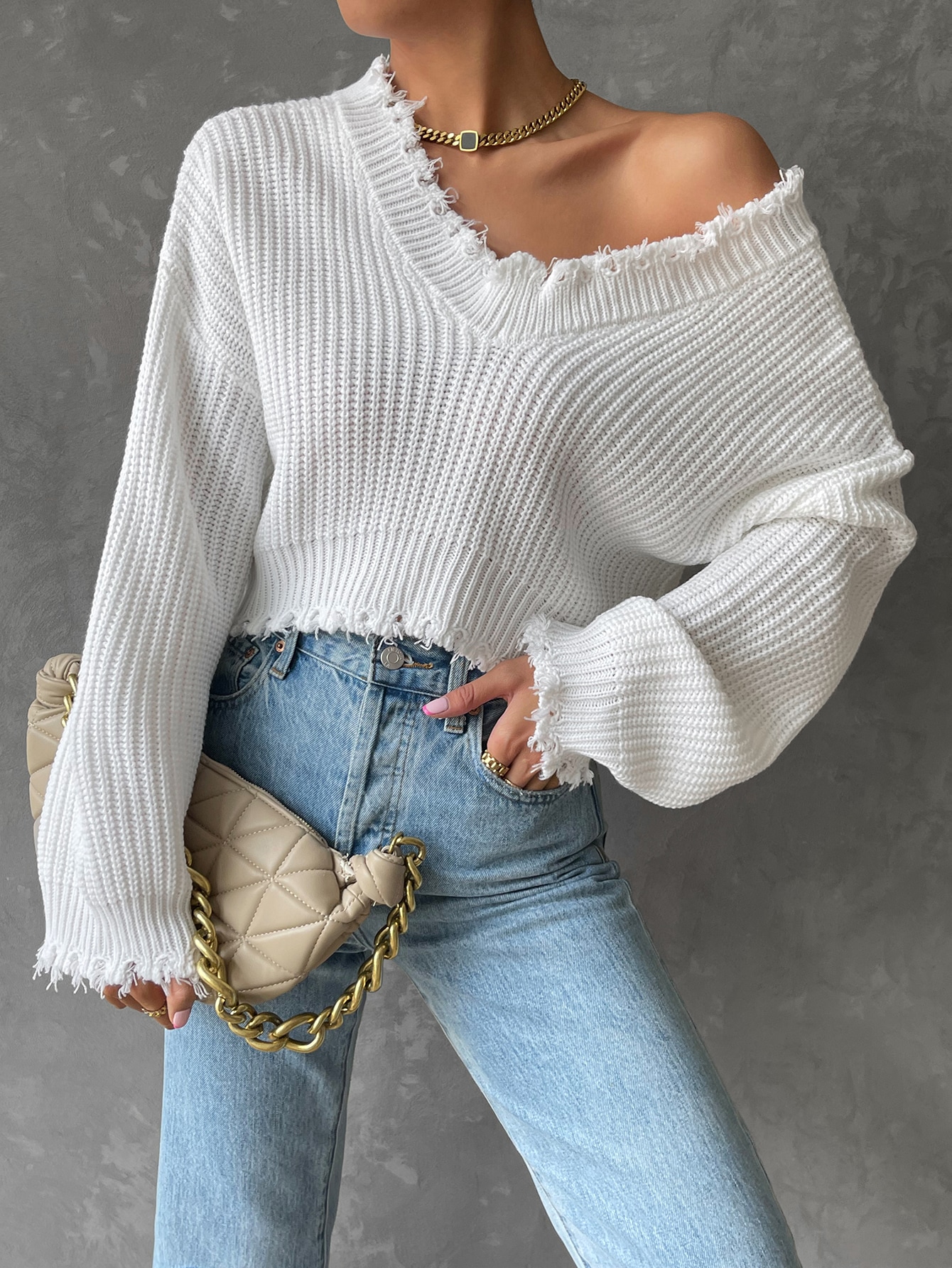 Drop Shoulder Distressed Sweater