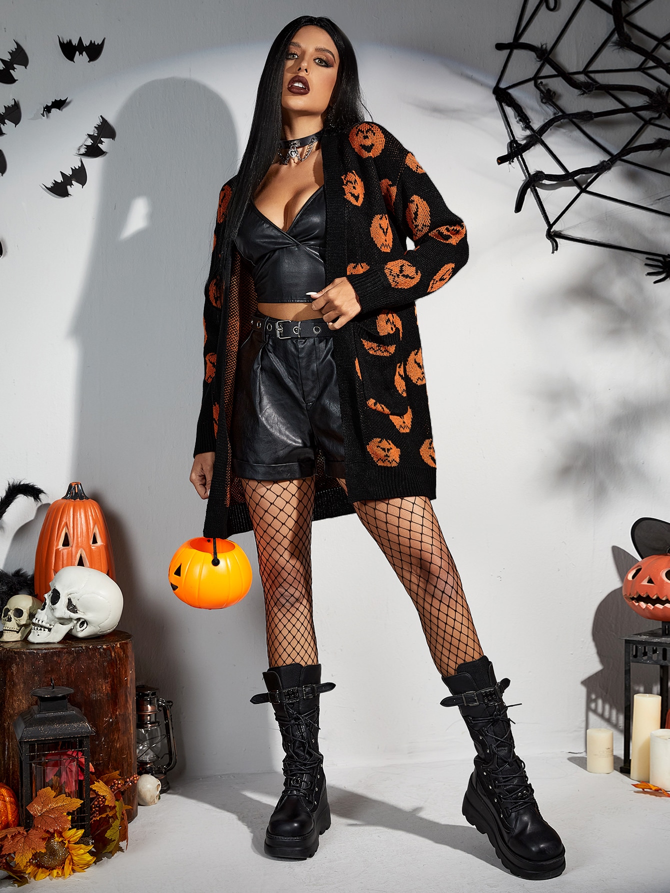SHEIN ICON Halloween Pumpkin Pattern Dual Pocket Drop Shoulder Duster ...